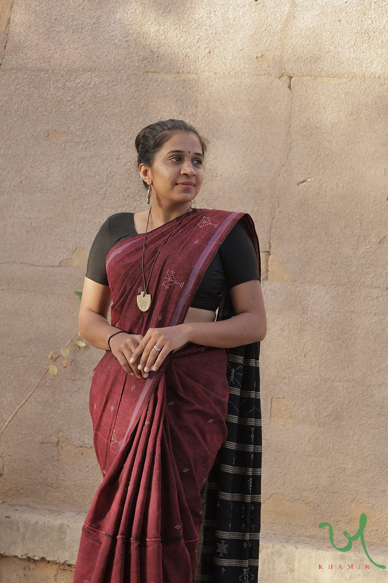 Maroon-Black Kala Cotton Handwoven Tangaliya Saree - Khamir – khamircrafts